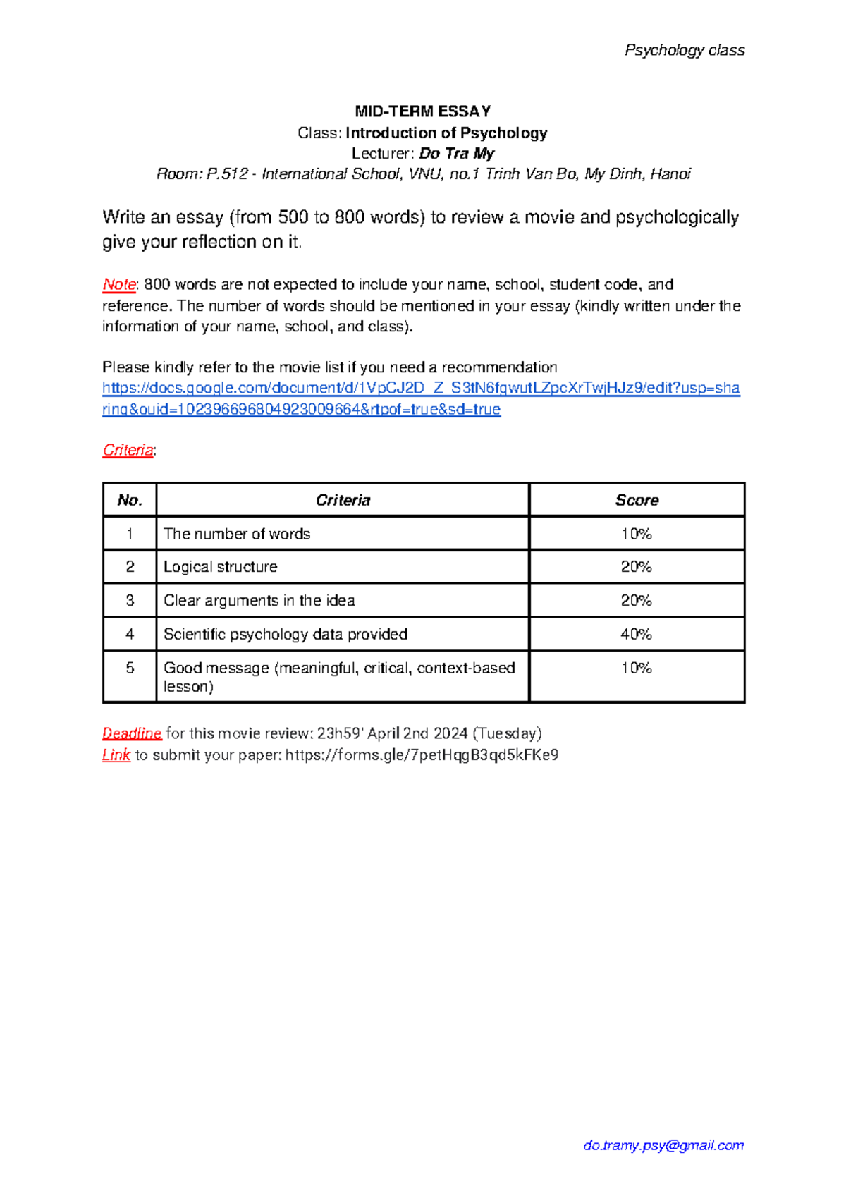 MID-TERM Essay - Psychology class do.tramy@gmail MID-TERM ESSAY Class ...