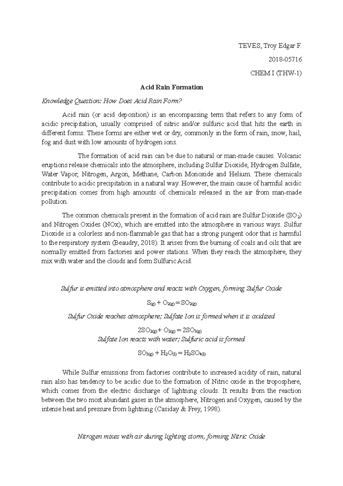 Chem-Q1 - Acid Rain Formation. Part of research paper. - TEVES, Troy ...