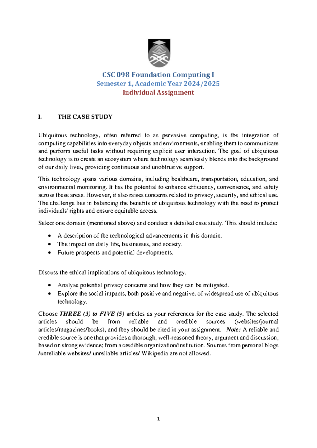 CSC098 Case Study Individual Assignment 2024 2025 - 1 CSC 098 Foundation Computing I Semester 1 ...