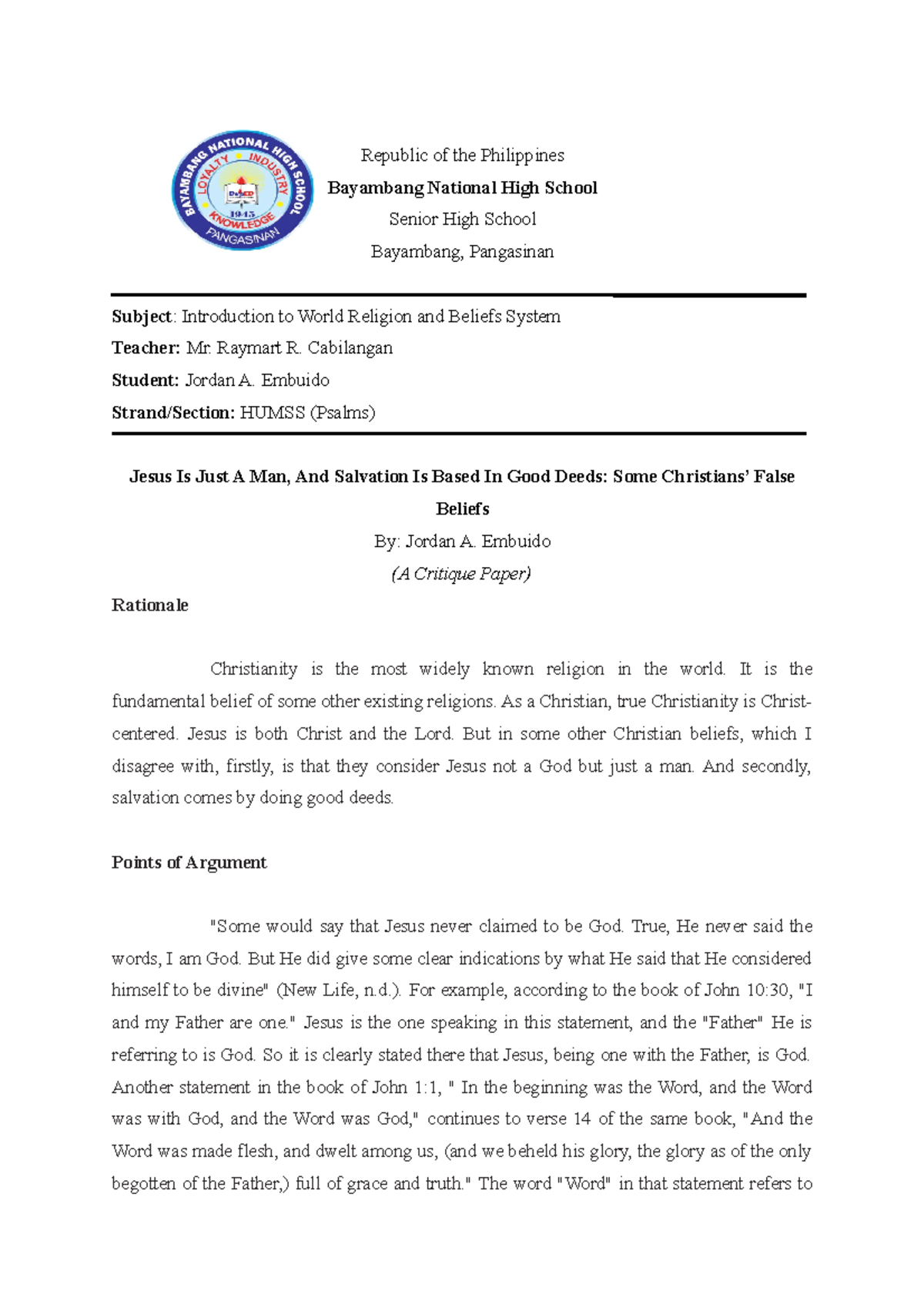 Critique- Paper - RELIGION - Republic of the Philippines Bayambang ...