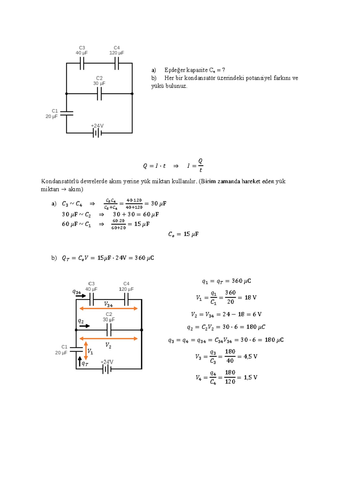 Capacity question - a) Eşdeğer kapasite Ce =? b) Her bir kondansatör ...