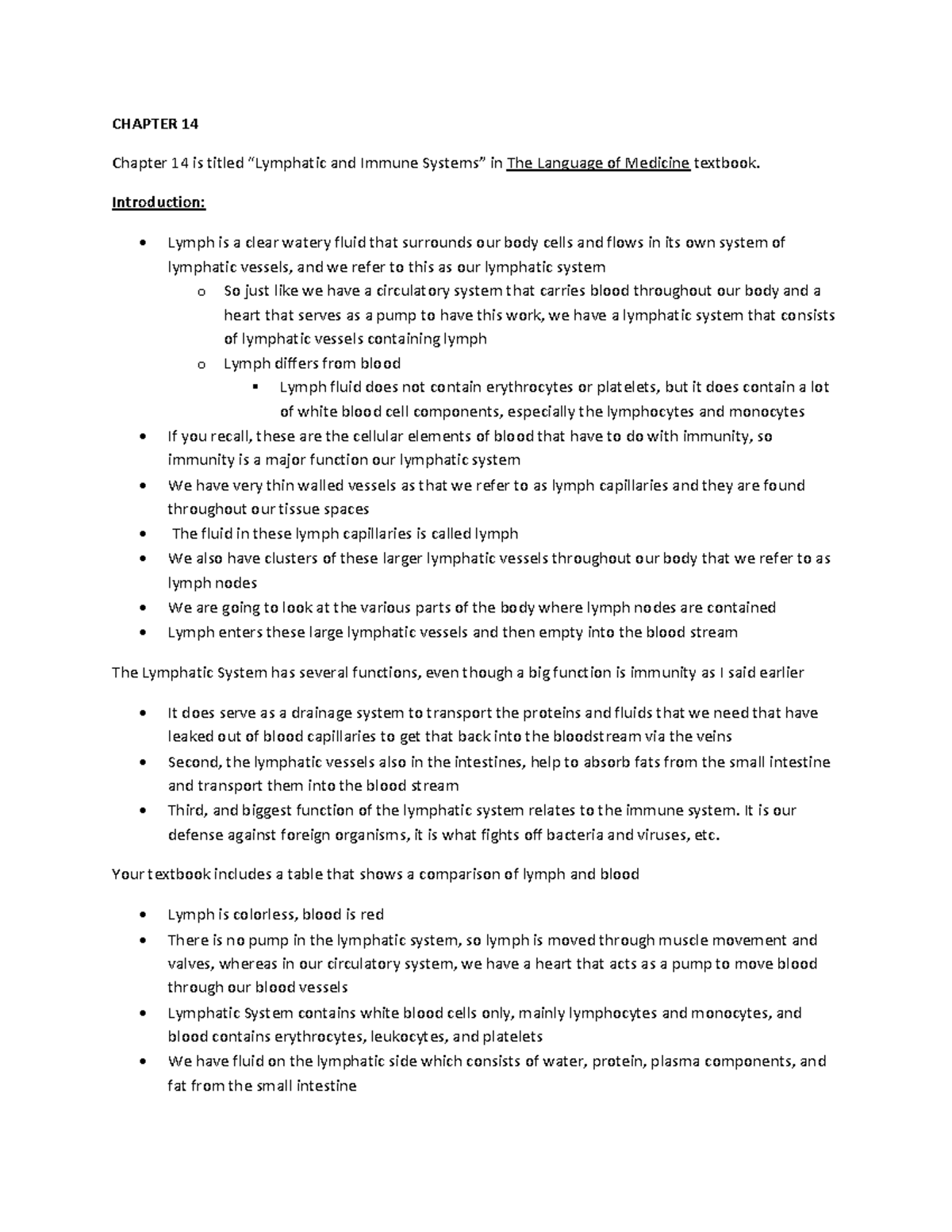 Chapter 14 Notes - CHAPTER 14 Chapter 14 is titled “Lymphatic and ...