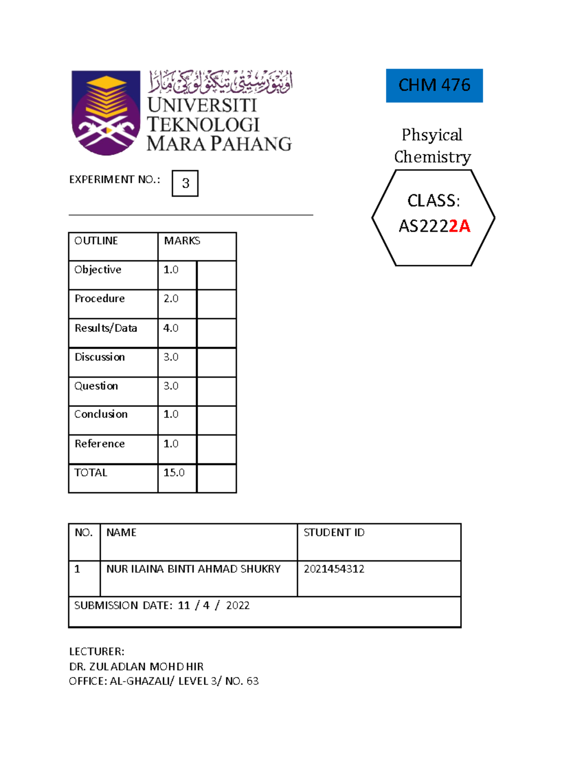 Experiment 3 CHM476 - EXPERIMENT NO ...