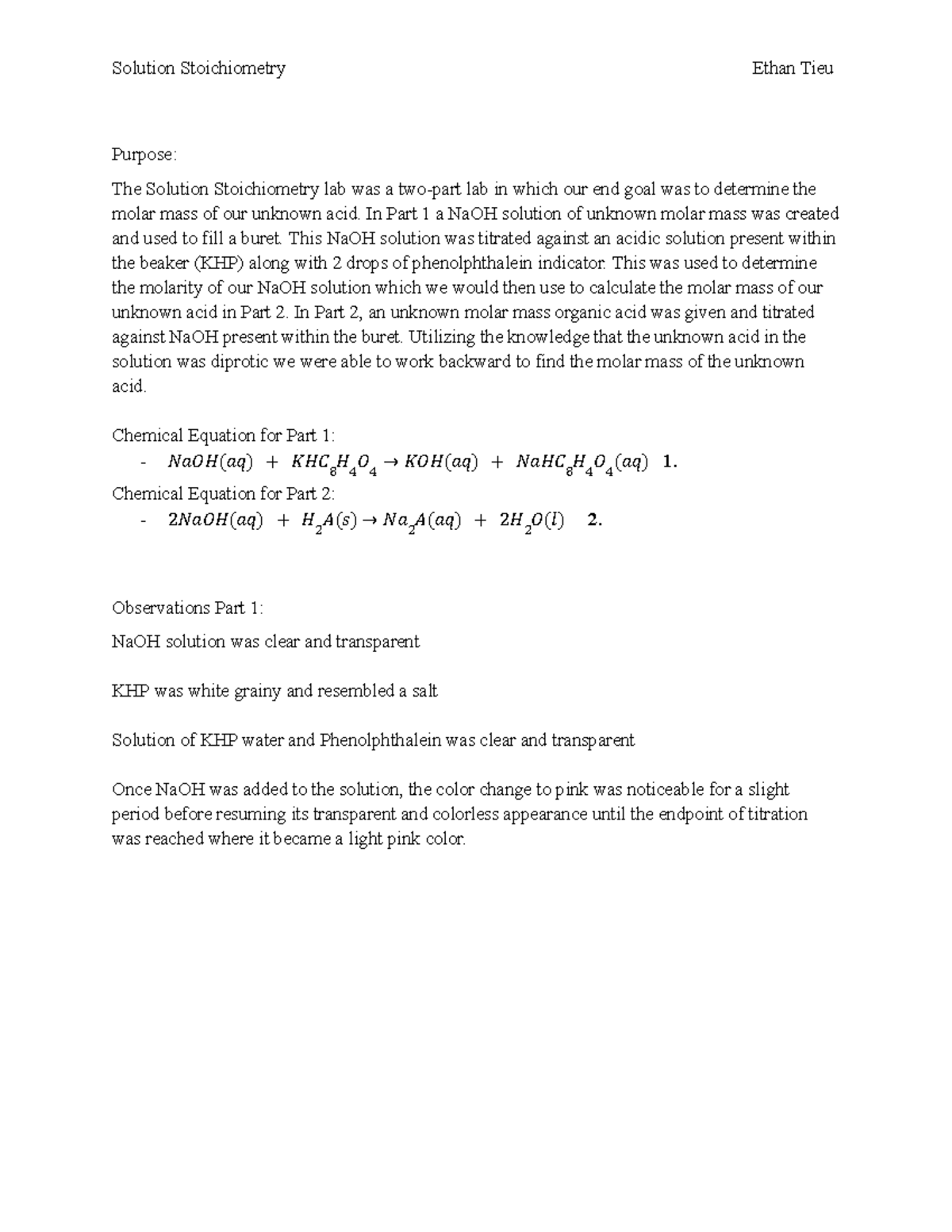 Informal Lab Report - yes - Solution Stoichiometry Ethan Tieu Purpose ...