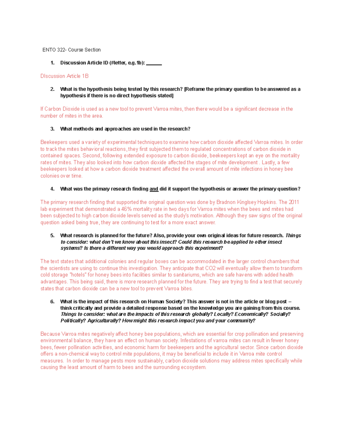 Ento - ENTO 322- Course Section 1. Discussion Article ID (#letter, e.g ...