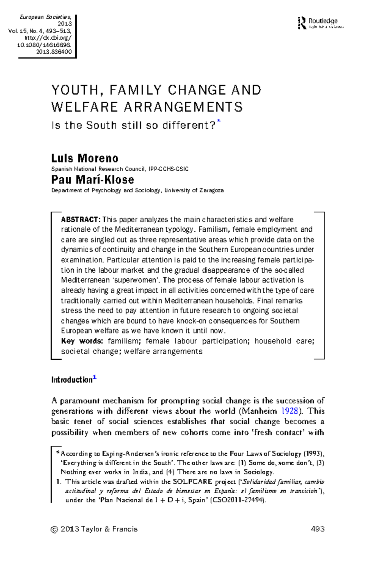 Youth, family change and wlefare arrangments - YOUTH, FAMILY CHANGE AND ...