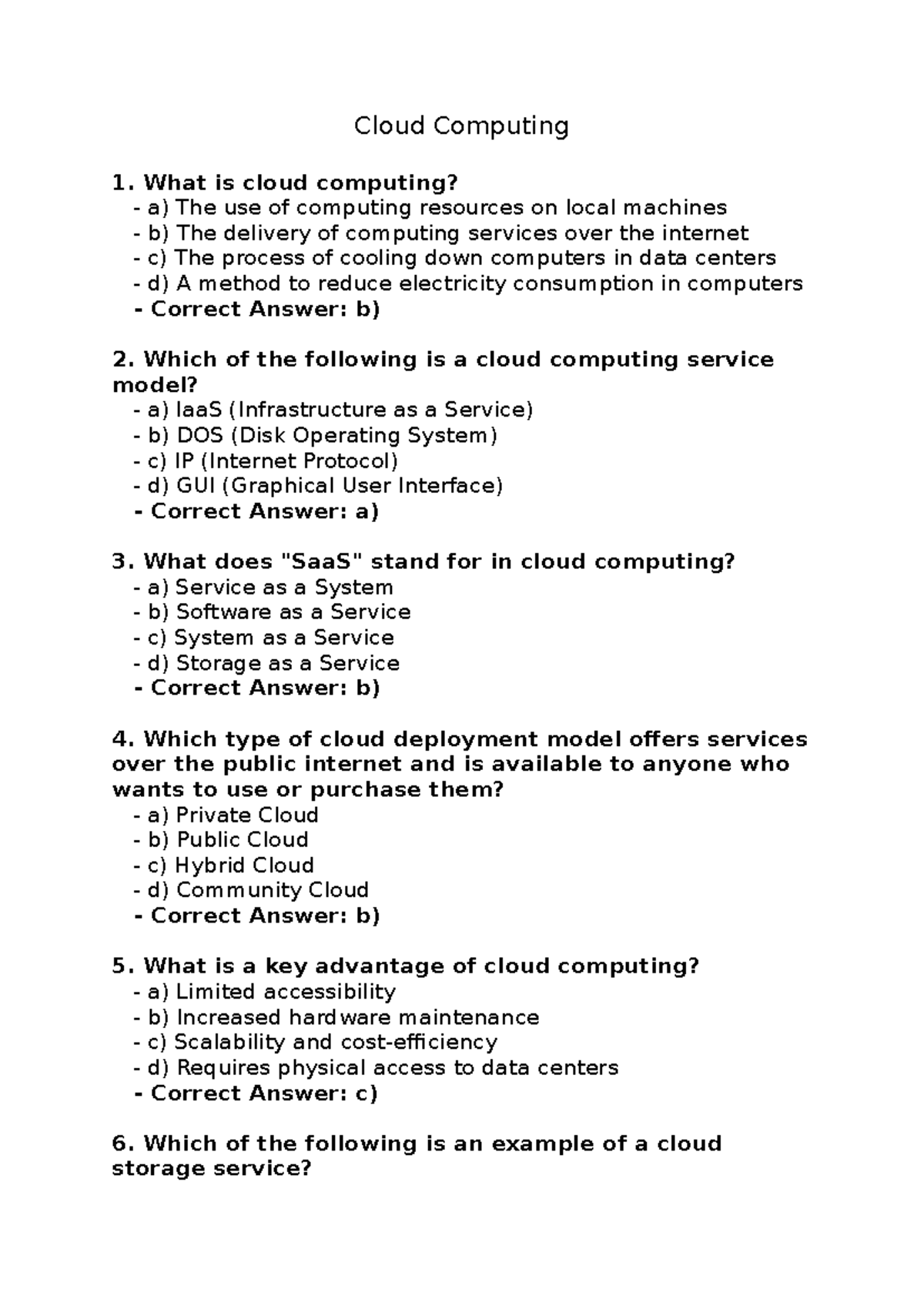 Cloud Computing Quiz Cloud Computing 1 What Is Cloud Computing A The Use Of Computing