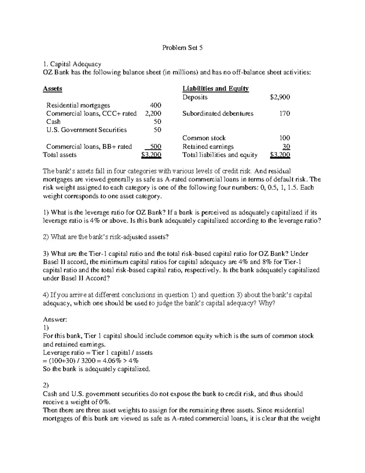 Problem set 5 Capital Adequacy with answers - Warning: TT: undefined function: 32 Problem Set 5 ...