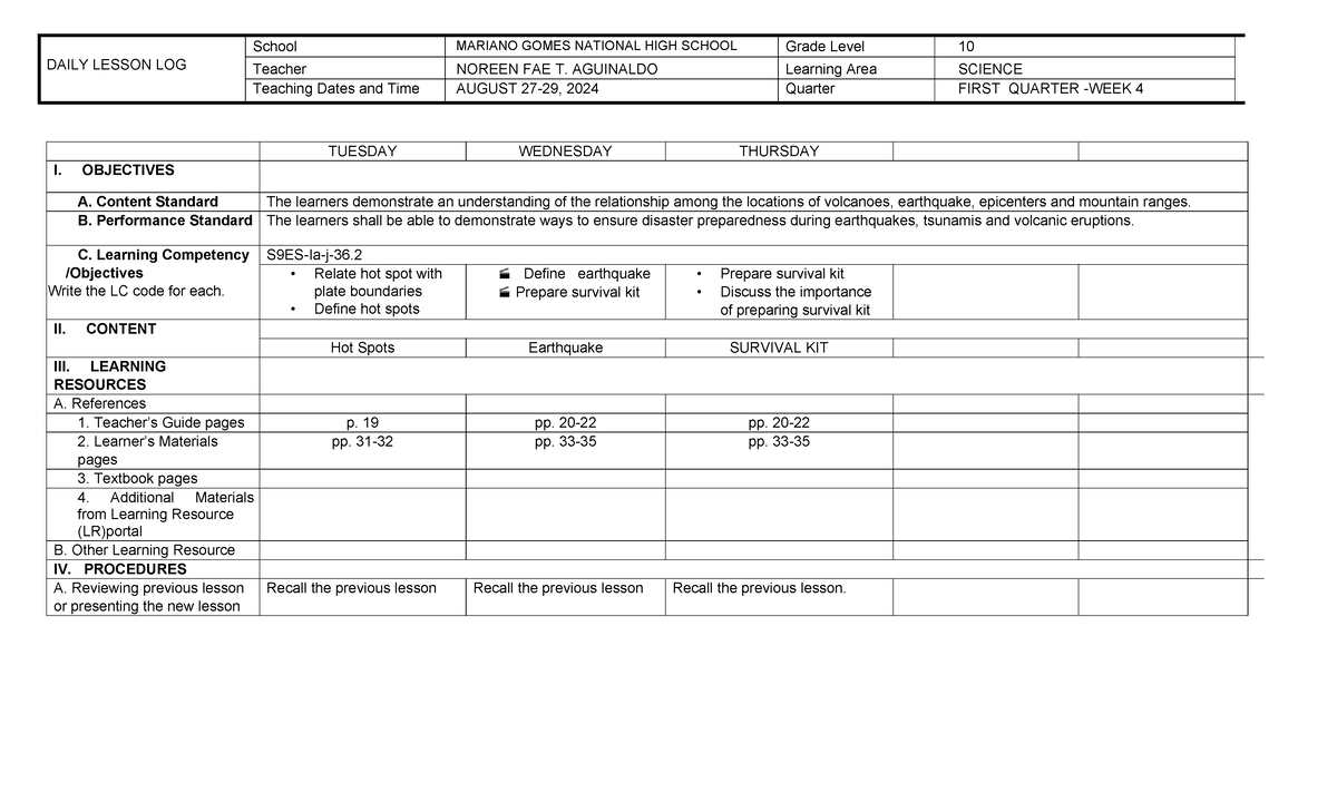 W5-Q1 Science 10 - DAILY LESSON LOG School MARIANO GOMES NATIONAL HIGH ...