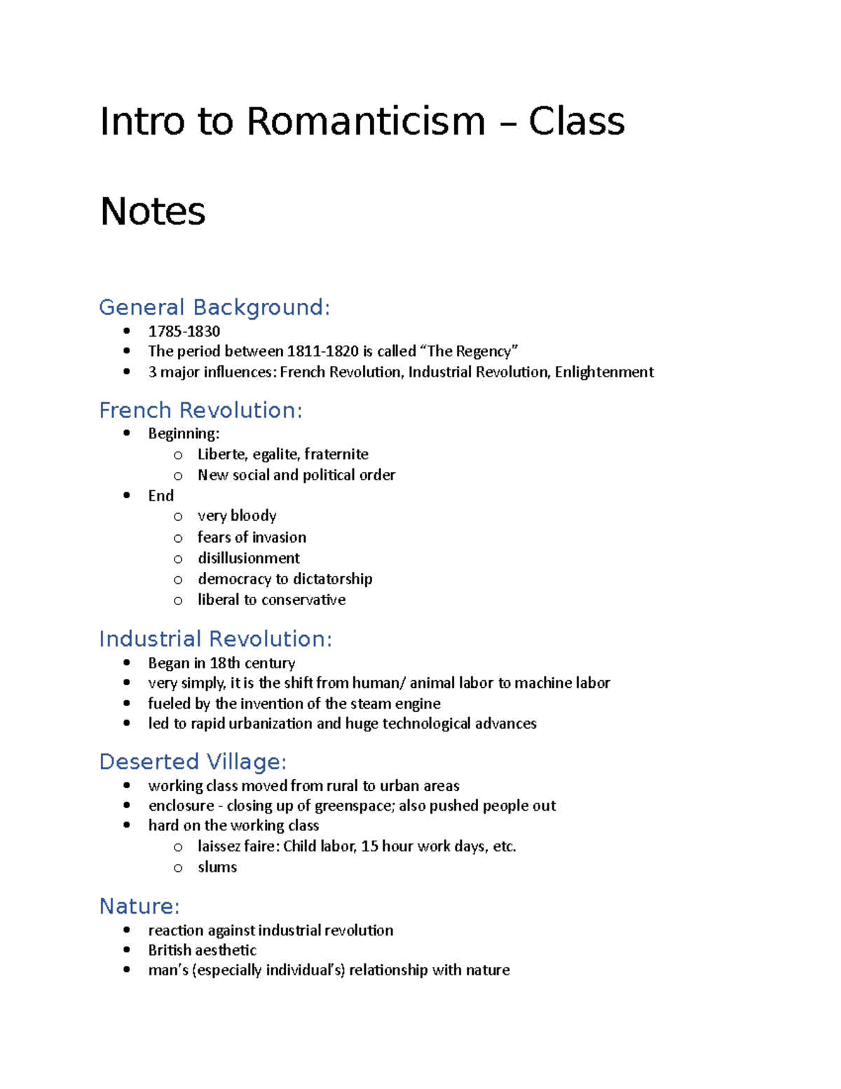 Intro to Romanticism Class Notes - Intro to Romanticism – Class Notes ...