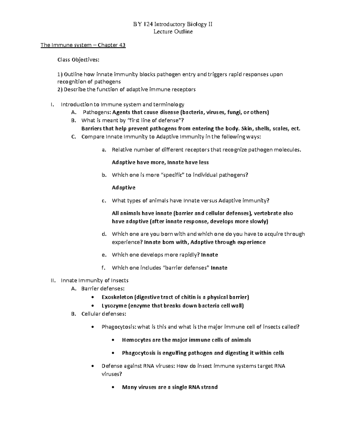 BY 124 CH 43 Outline - Lecture Outline The Immune system – Chapter 4 3 Class Objectives: 1 ...