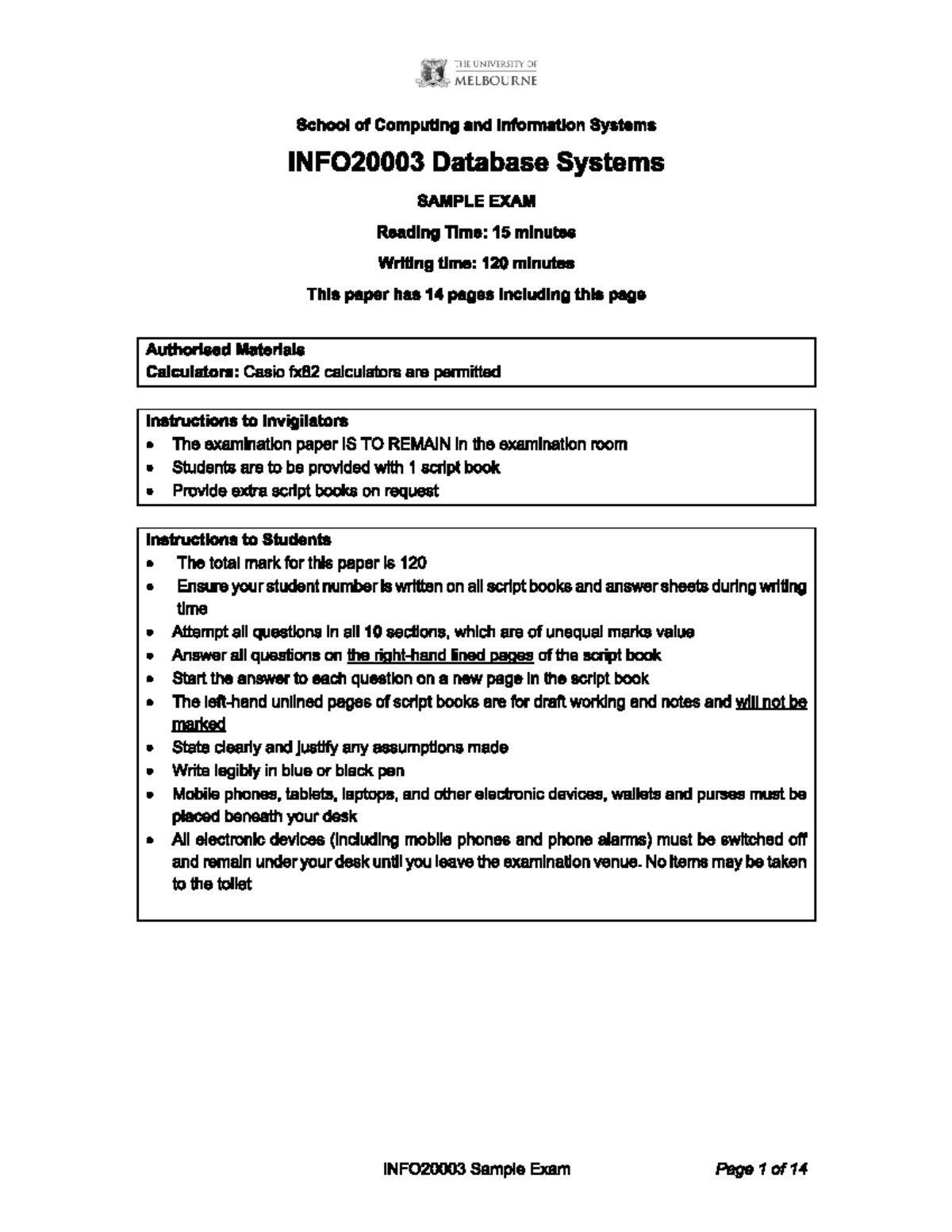 Sample Exam 2018 - exam - INFO20003 - Studocu