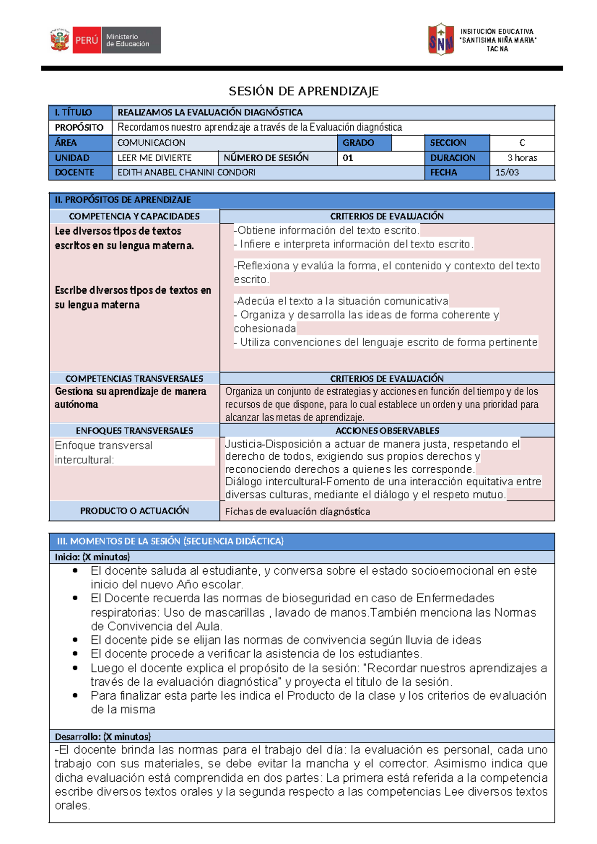 Sesión DE Aprendizaje y evaluacion diagnostica - ####### “SANTÍSIMA NIÑA MARÍA” ####### TACNA ...