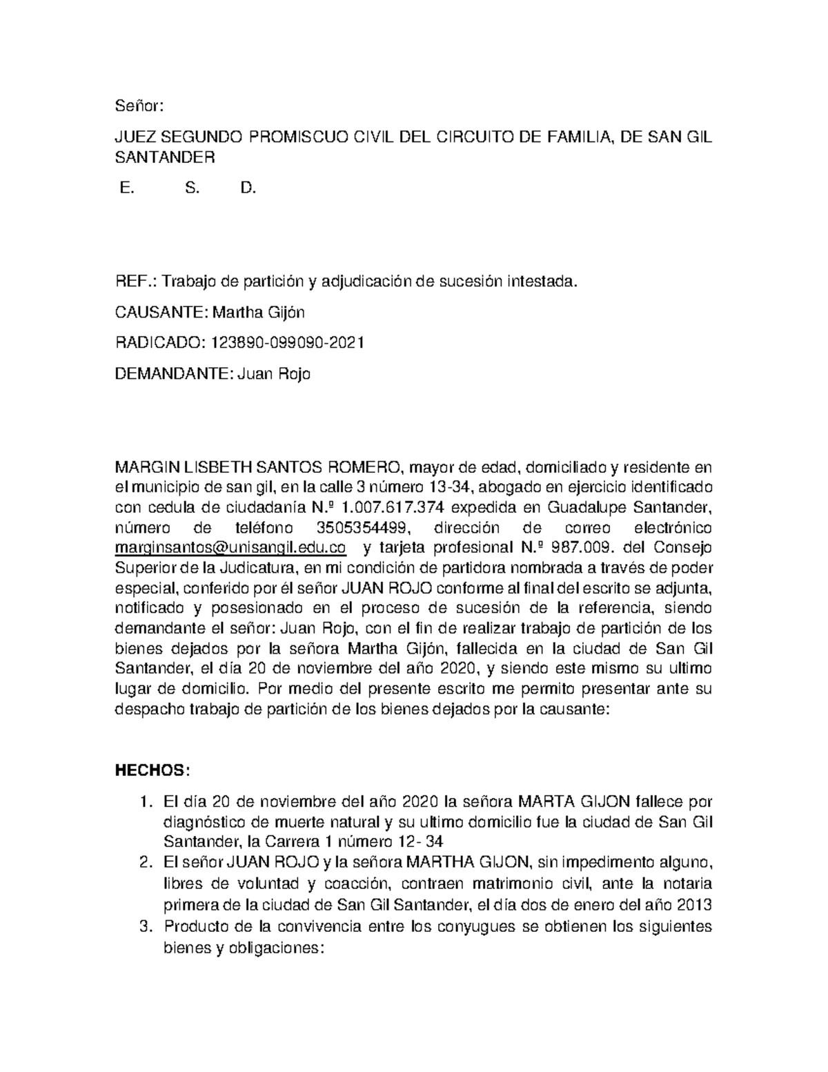 Particion ma RGYN - Señor: JUEZ SEGUNDO PROMISCUO CIVIL DEL CIRCUITO DE ...