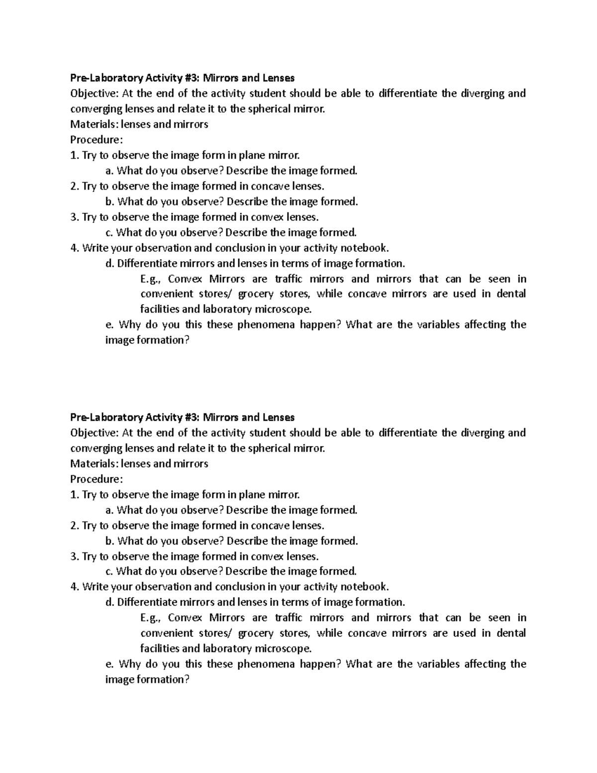 Pre-Laboratory Activity 3- Mirrors and Lenses - Pre-Laboratory Activity ...