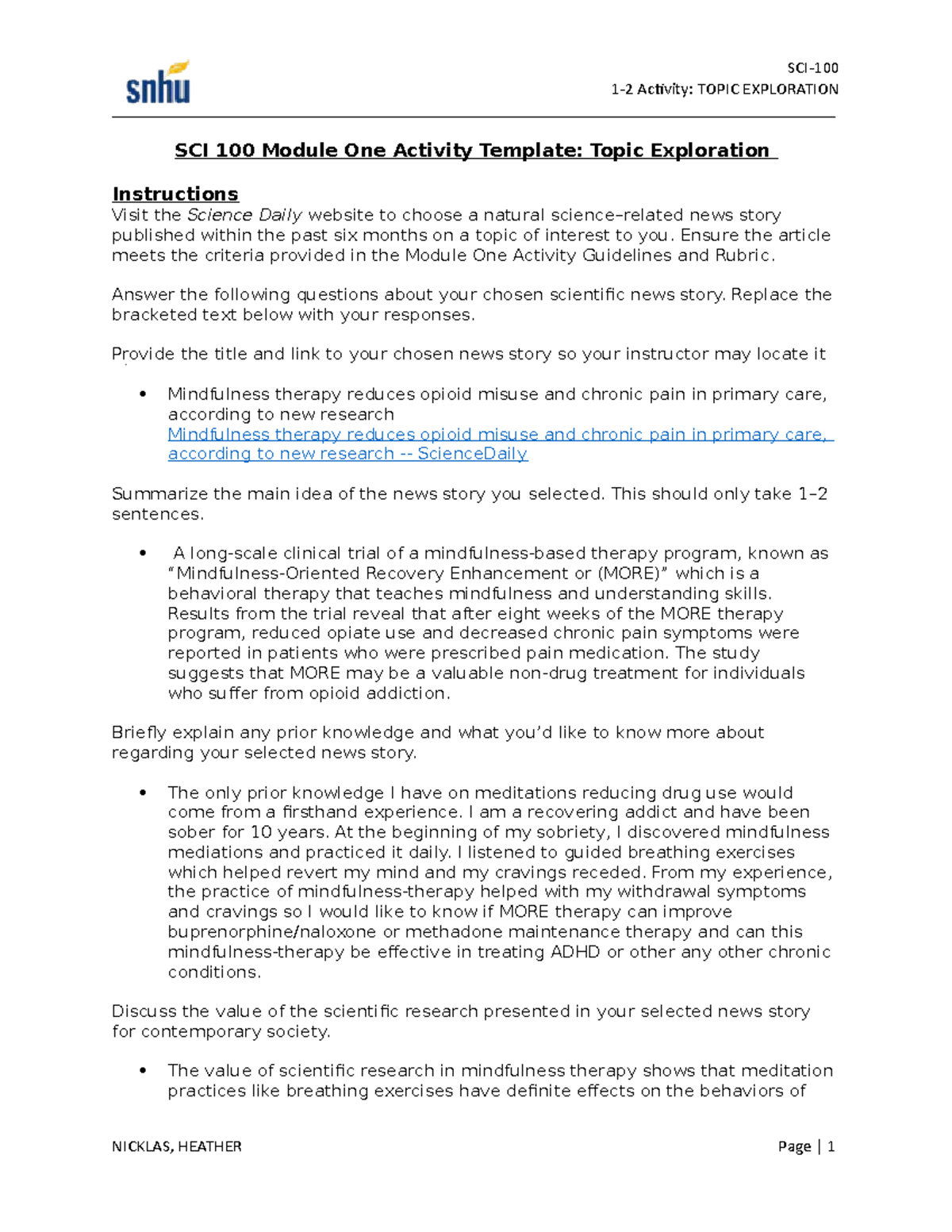 SCI 100 Module One Activity Template - Ensure the article meets the ...