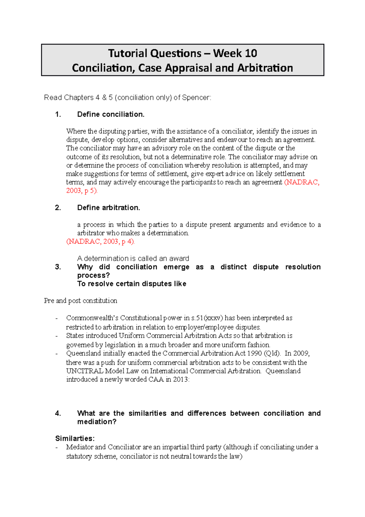 LLB103 Week 10 Tutorial - Tutorial Questions – Week 10 Conciliation, Case Appraisal and ...