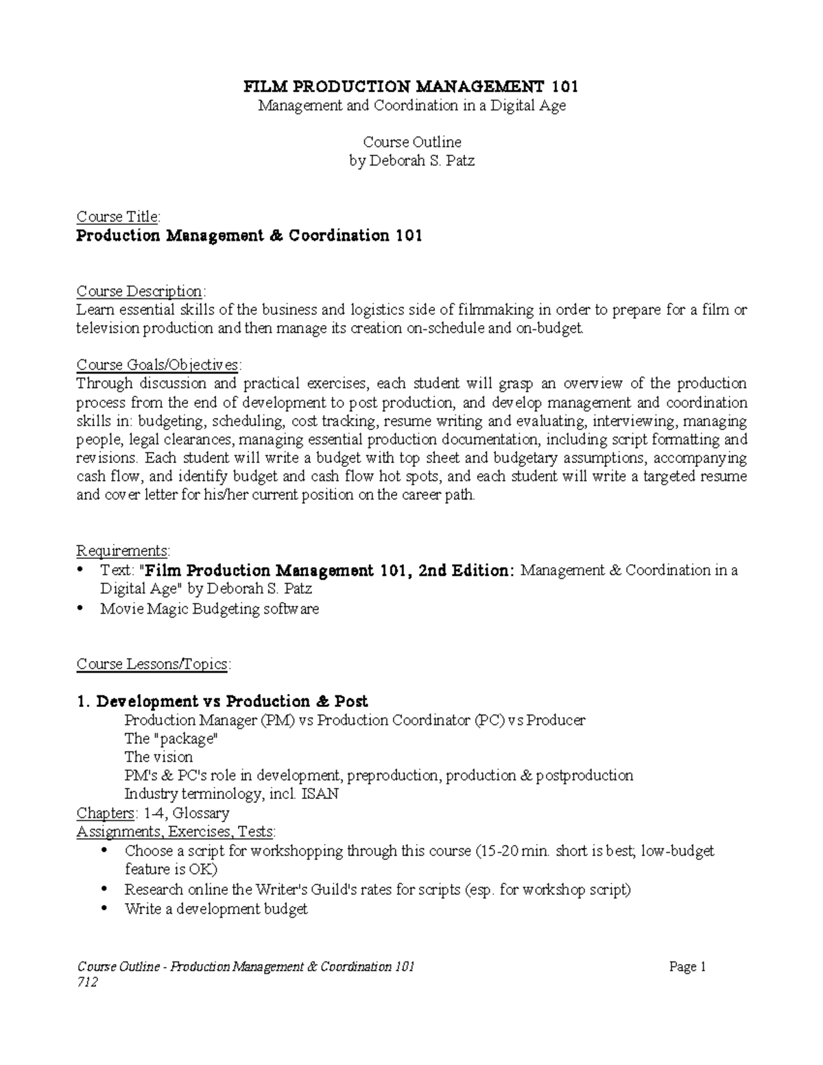PM101 Course Outline 2012 - Course Outline - Production Management ...