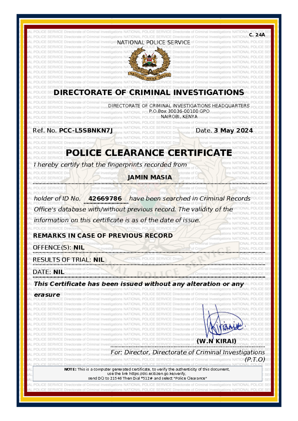 PCC-L5 Sbnkn 7J- Police Clearance Certificate WK - C. 24A NATIONAL POLICE SERVICE DIRECTORATE OF ...