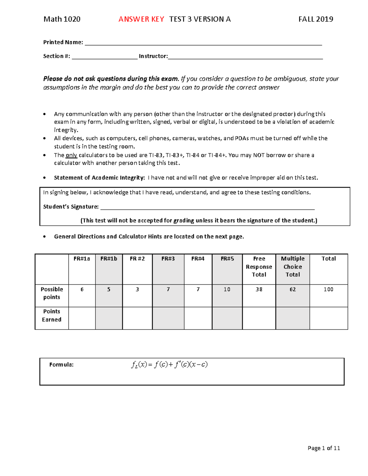 Answer Key Test 3 Version A Fall 2019 - ####### Printed Name: - Studocu