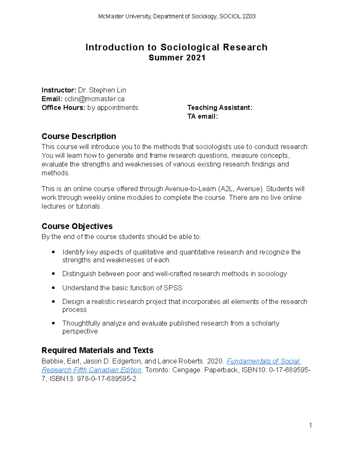 Sociol 2Z03, Spring 2021, S. Lin - Introduction to Sociological ...