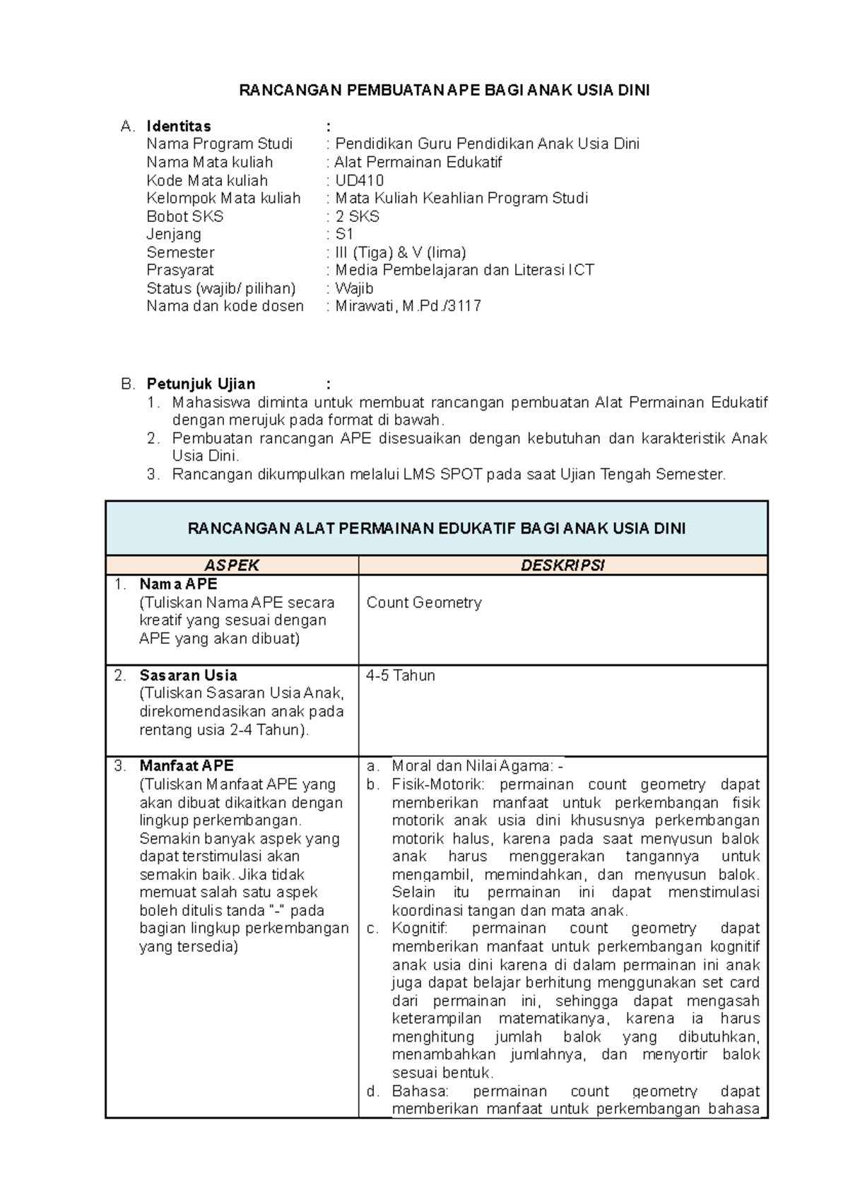 RANCANGAN PEMBUATAN APE BAGI ANAK USIA DINI - Identitas : Nama Program ...