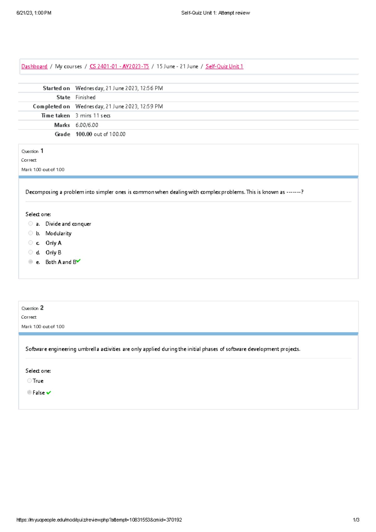 CS 2401 Self-Quiz Unit 1_ Attempt review - 6/21/23, 1:00 PM Self-Quiz Unit 1: Attempt review ...
