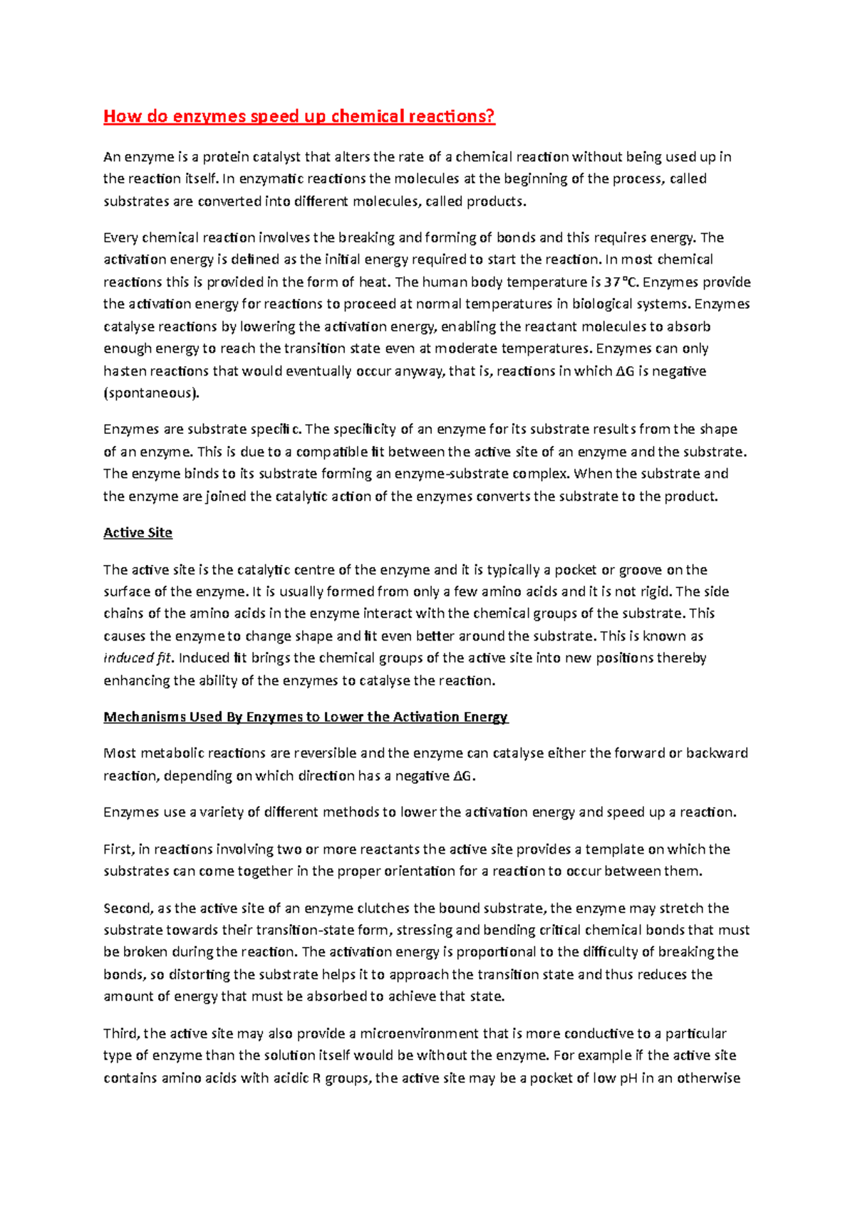 Enzymes (Medium) - enzyme essay - How do enzymes speed up chemical ...