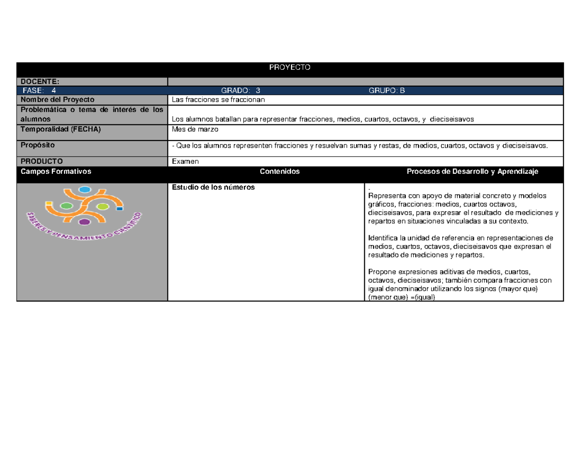 Proyecto mate marzo - PROYECTO DOCENTE: FASE: 4 GRADO: 3 GRUPO: B Nombre del Proyecto Las ...