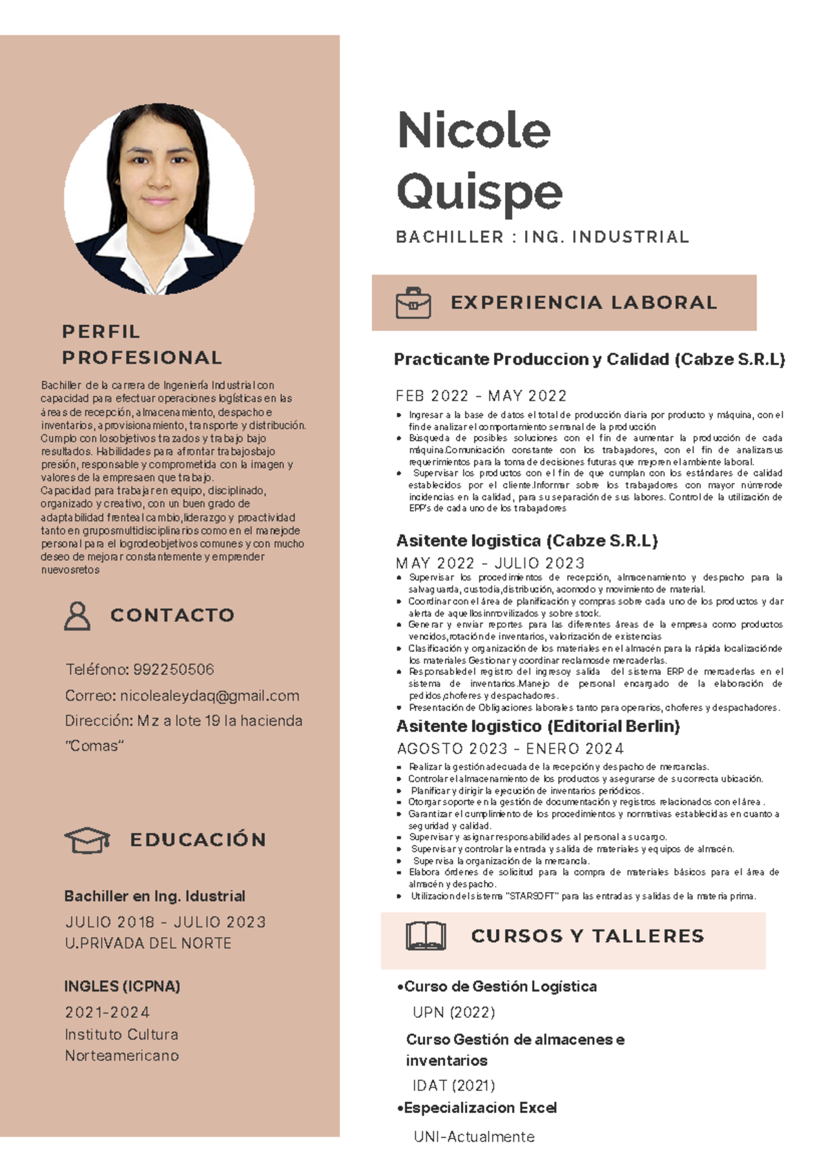 Currículum Vitae CV Nicole Quispe 2024 - Nicole Quispe B A C H I L L E ...
