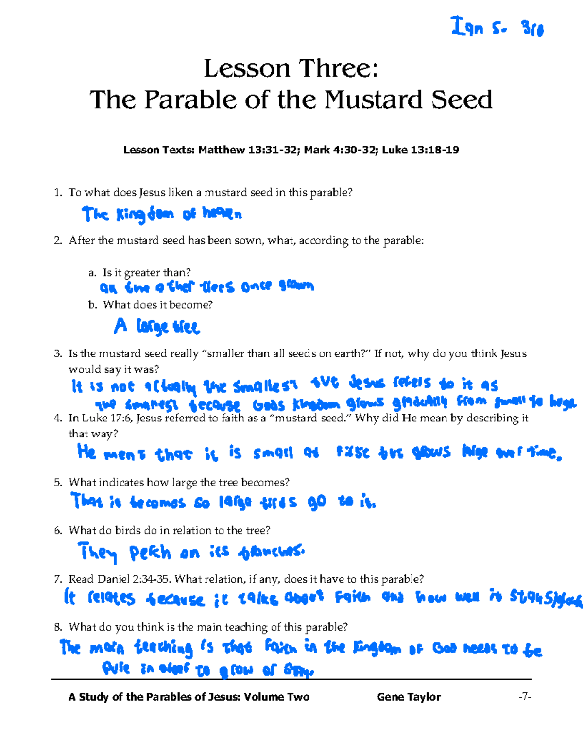Kingdom+Parables+Worksheet - Lesson Three: The Parable of the Mustard ...