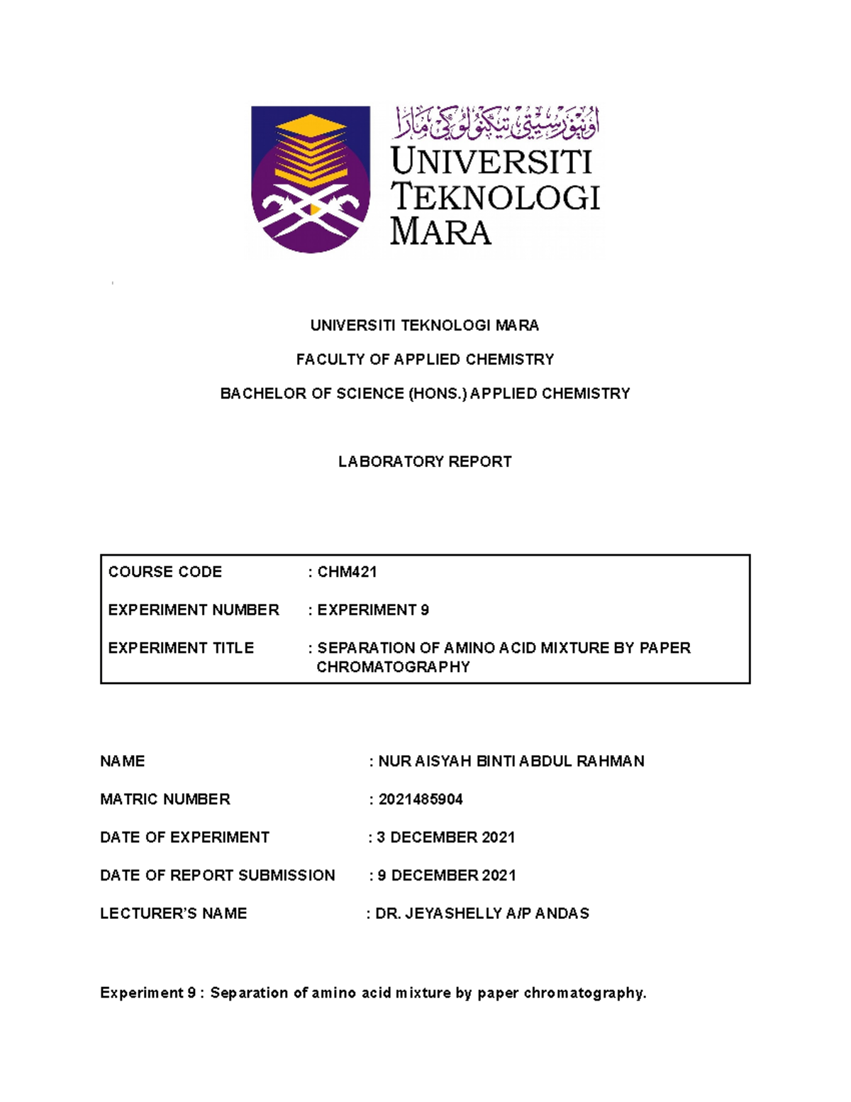 EXP 9 CHM421 - Experiment 9 : Separation of amino acid mixture by paper ...