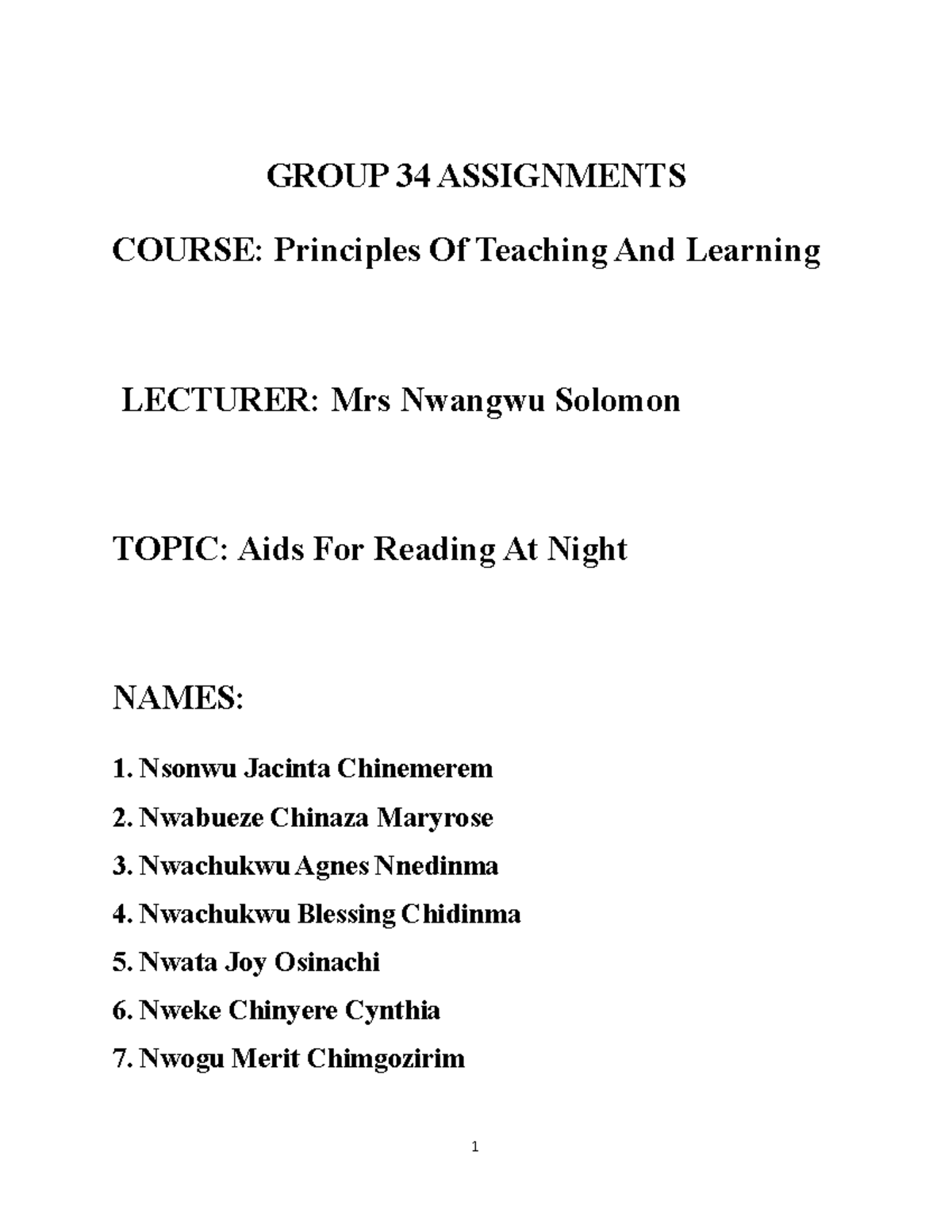 Aids for reading at night - GROUP 34 ASSIGNMENTS COURSE: Principles Of ...