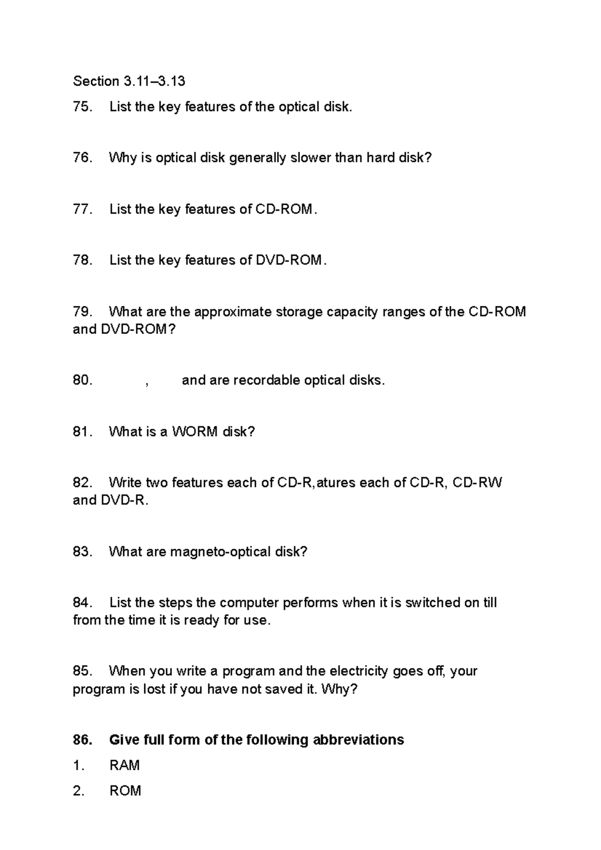 Questions Computer Storage and Memory - Section 3–3. 75. List the key ...