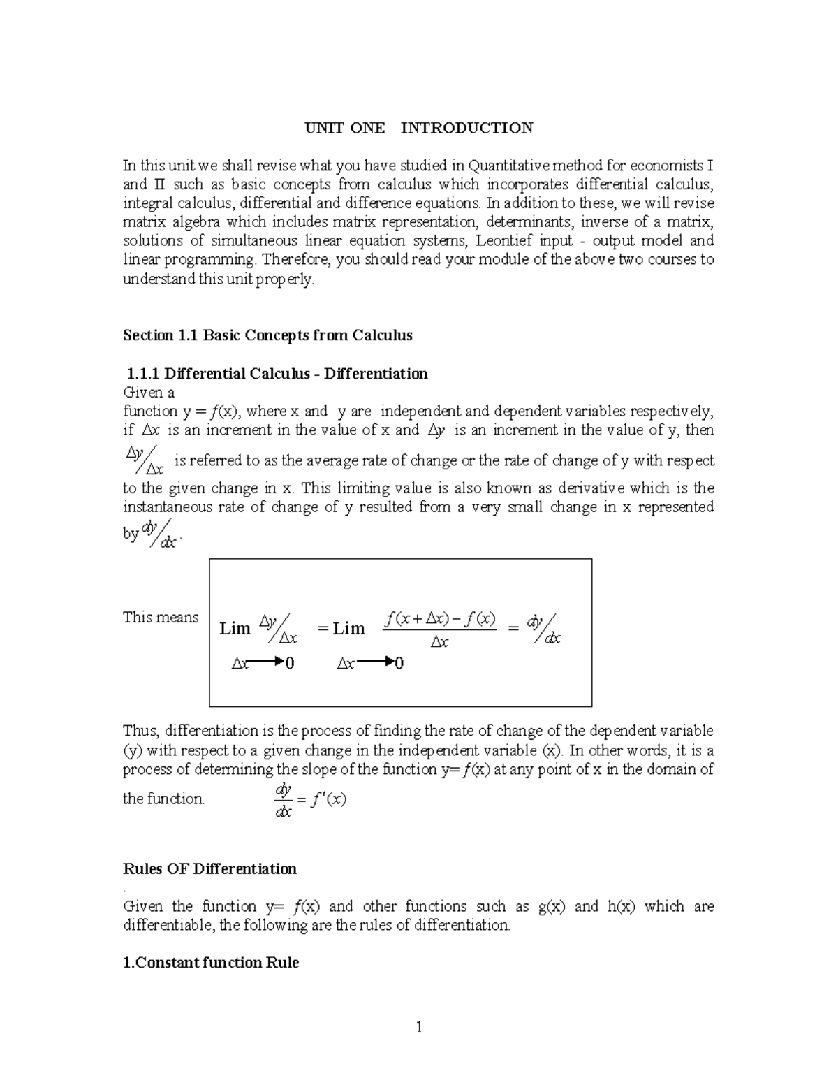 Unit one mathes - it is detailed notes for mathematical economics ...