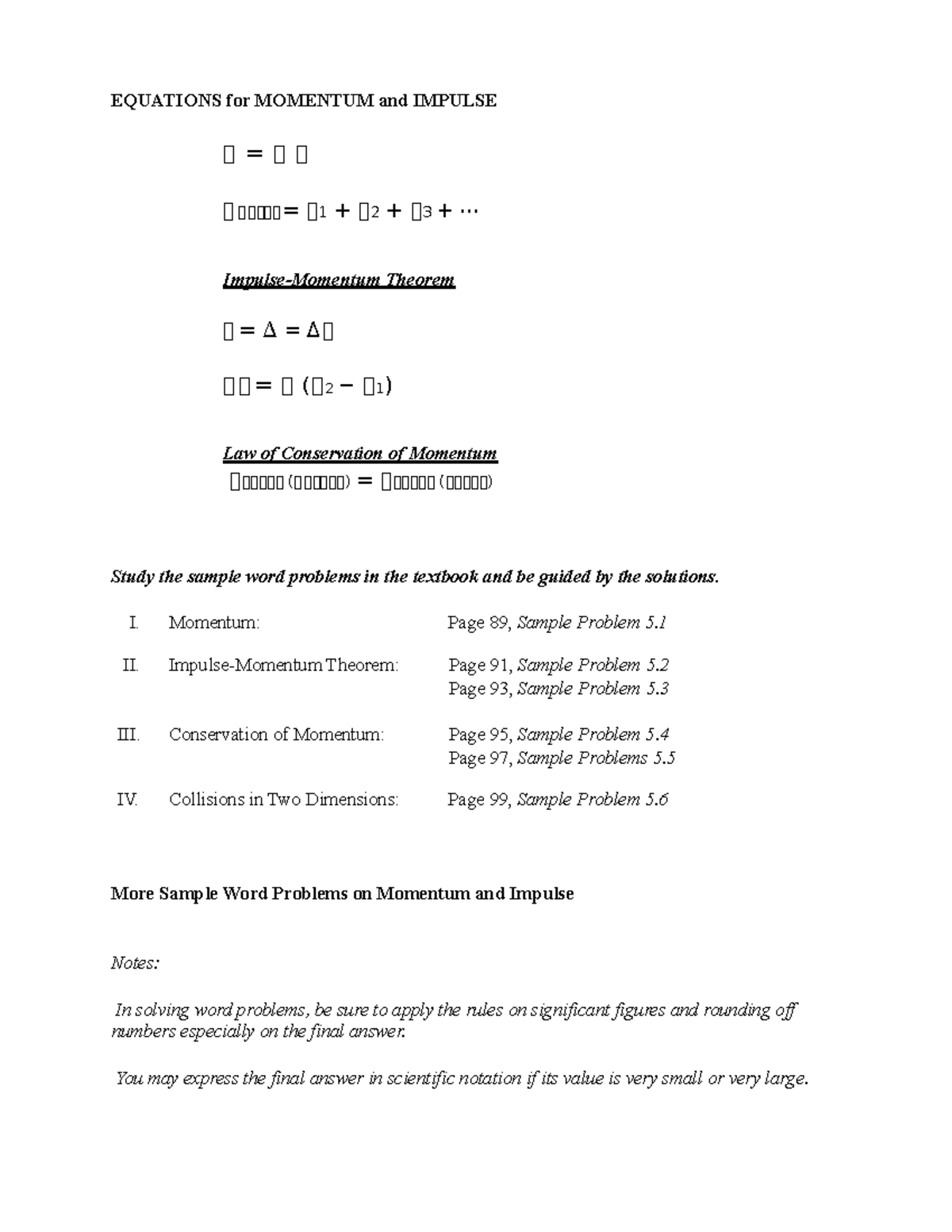 Handout+on+Impulse+and+Momentum - EQUATIONS for MOMENTUM and IMPULSE 𝑝 ...