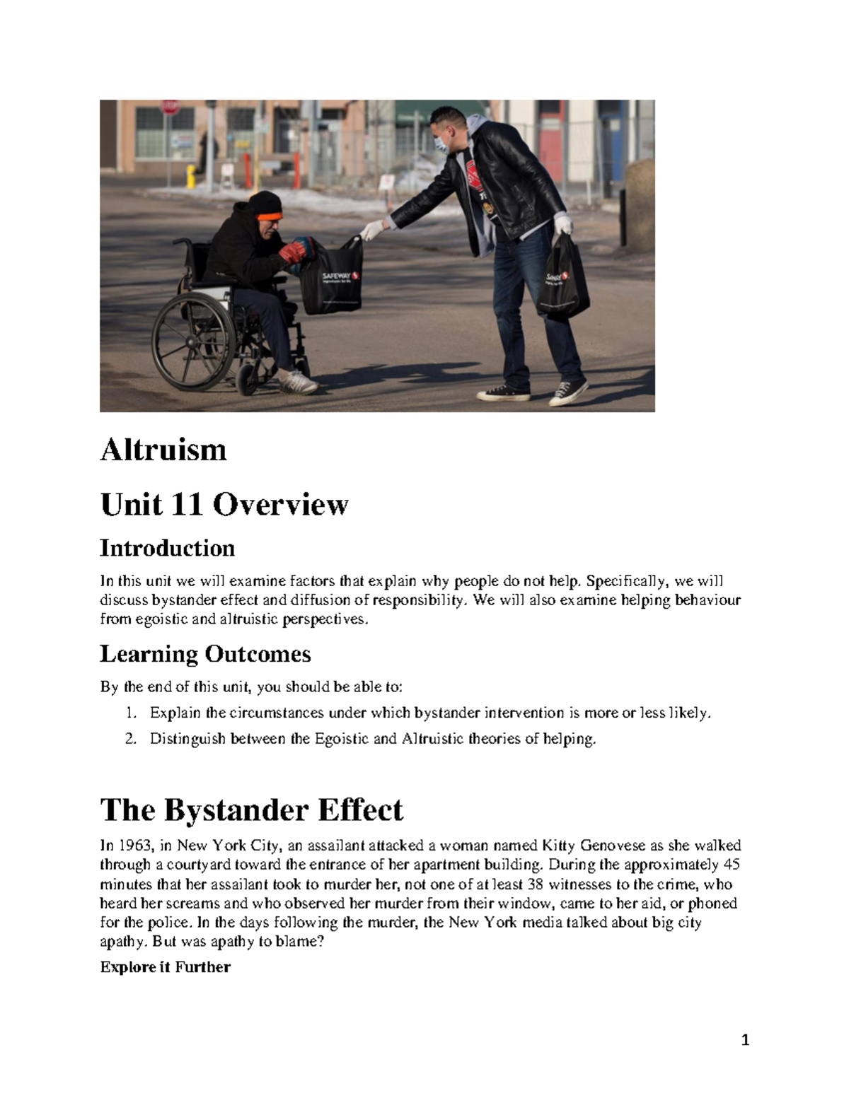 PSYC2310 Unit11 Altruism - Altruism Unit 11 Overview Introduction In ...