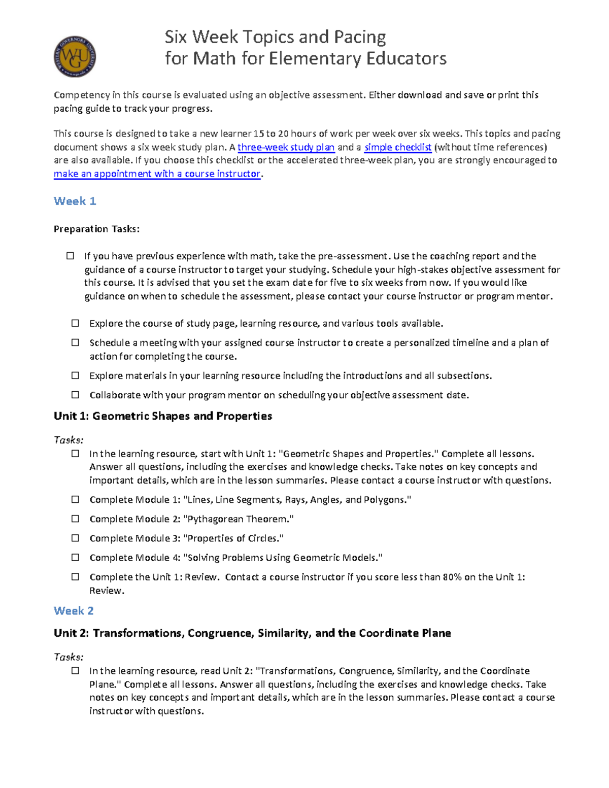 6-Week Pacing Guide - Six Week Topics and Pacing for Math for ...