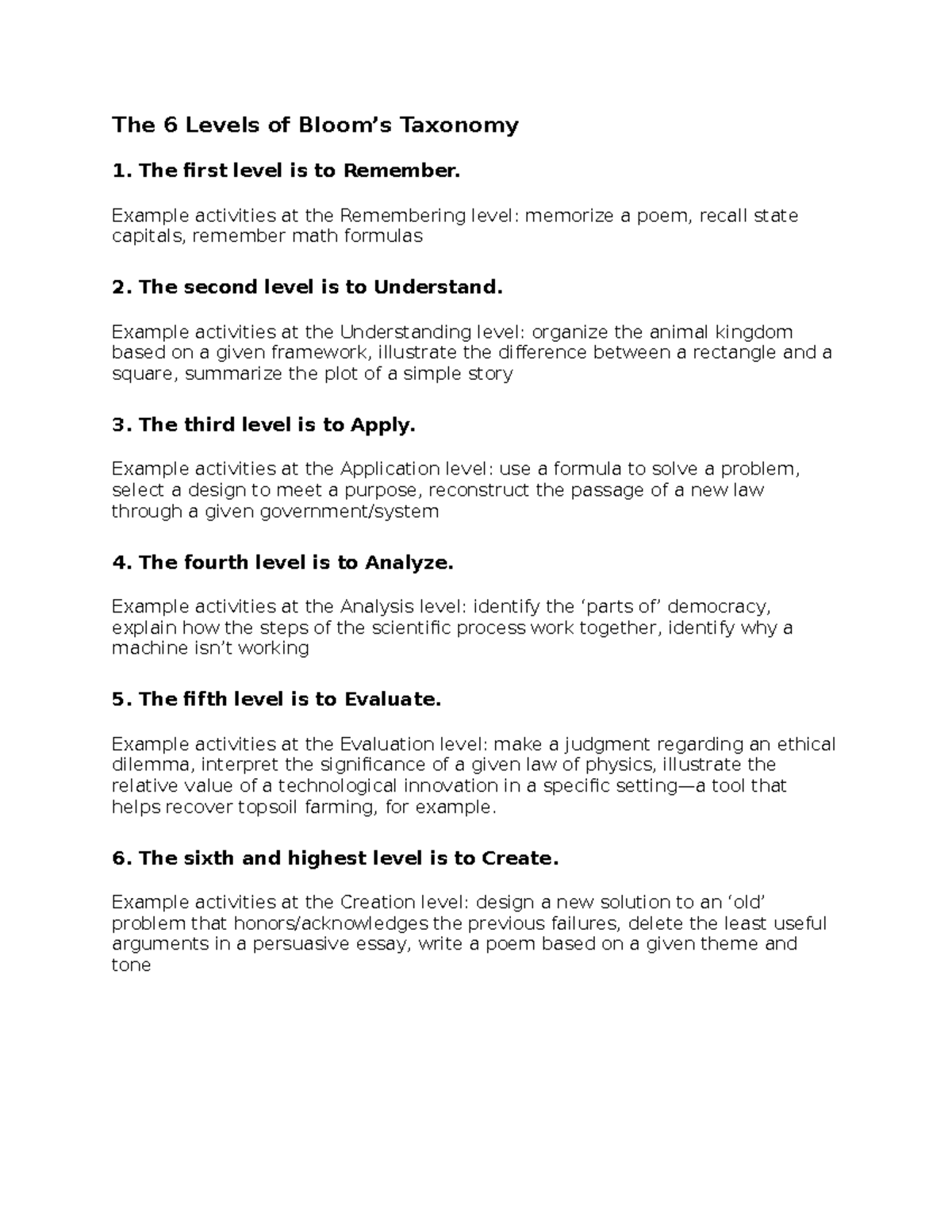 The 6 Levels of Bloom - The 6 Levels of Bloom’s Taxonomy The first ...