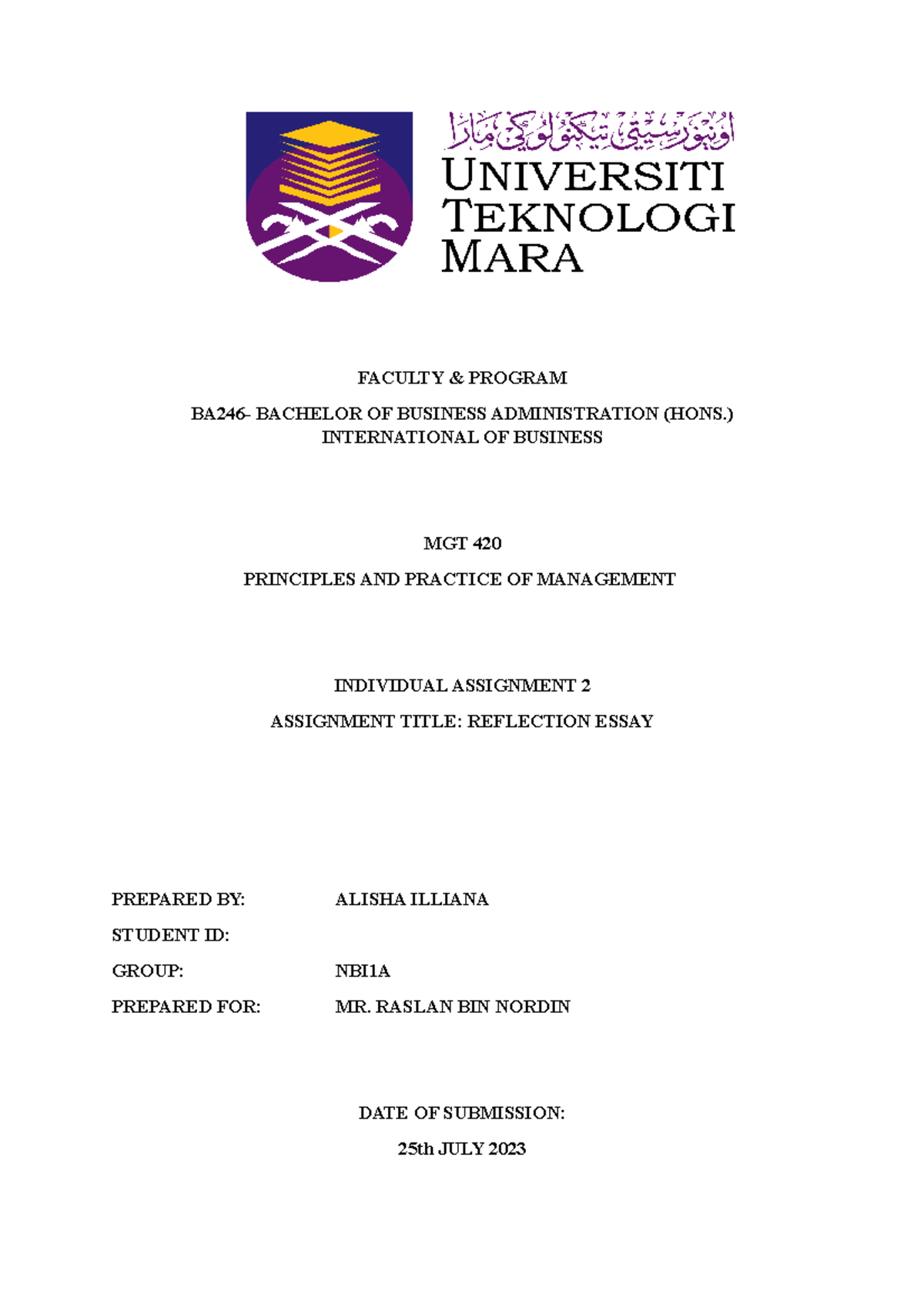 Self Reflection Essay - FACULTY & PROGRAM BA246- BACHELOR OF BUSINESS ...