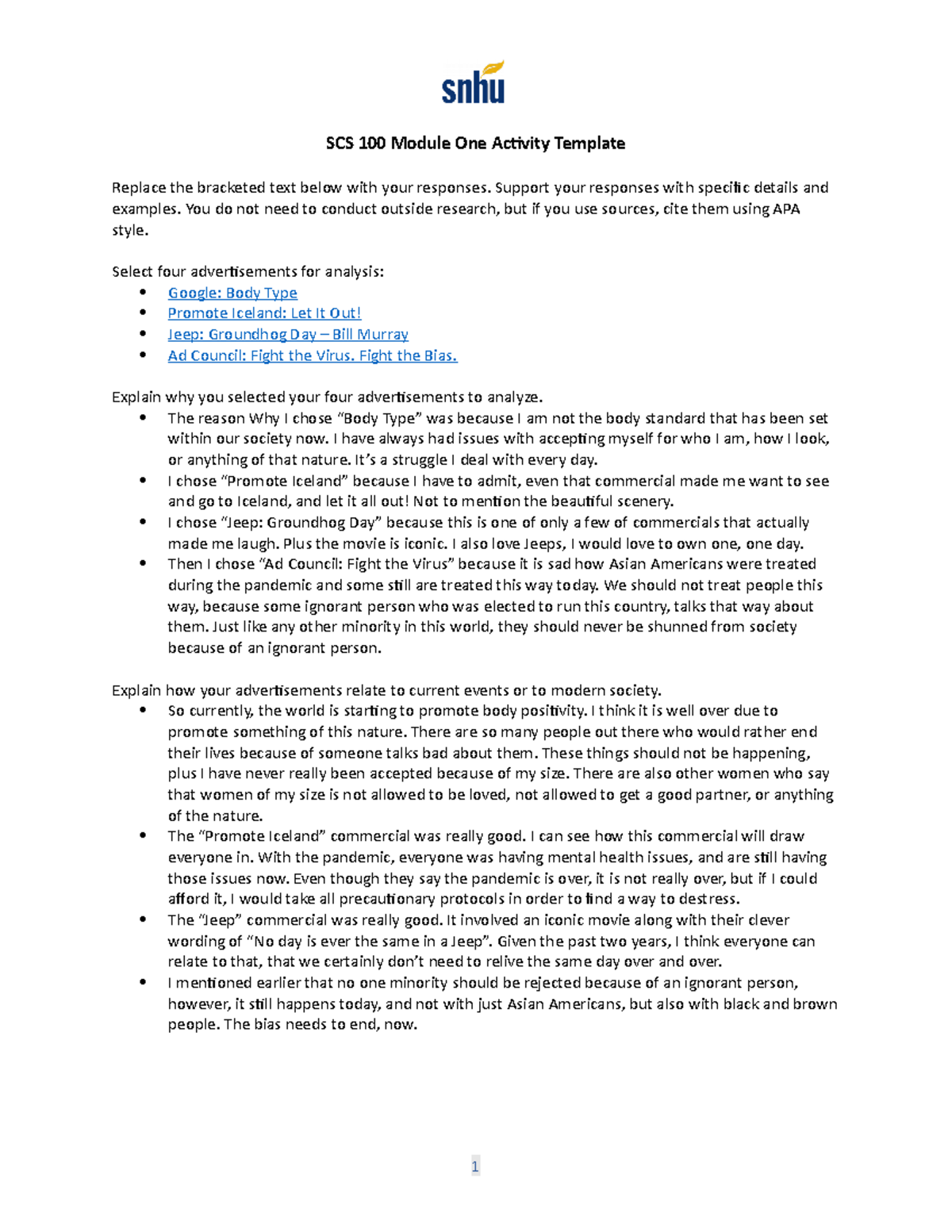 SCS 100 module one assignment - SCS 100 Module One Activity Template ...