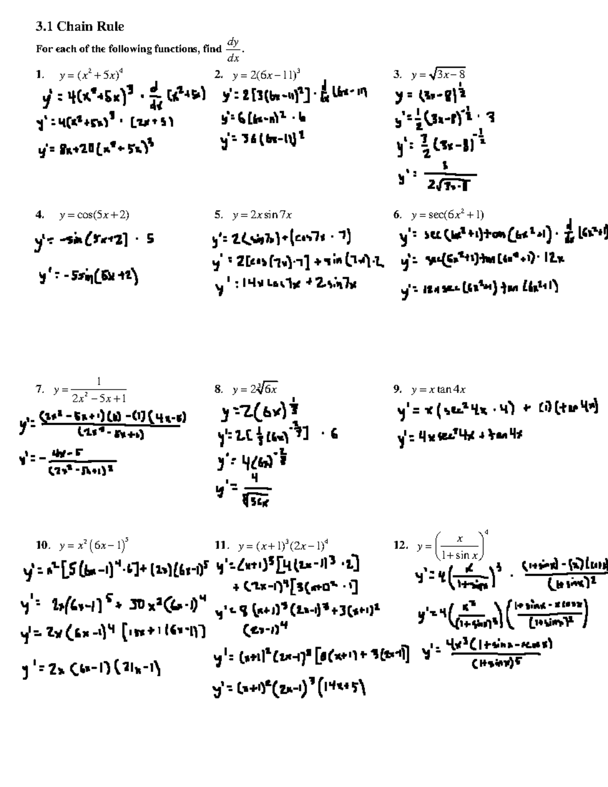 Derivative P2 #1 Chain Rule Wkst - 3 Chain Rule For each of the following functions, find dy dx ...