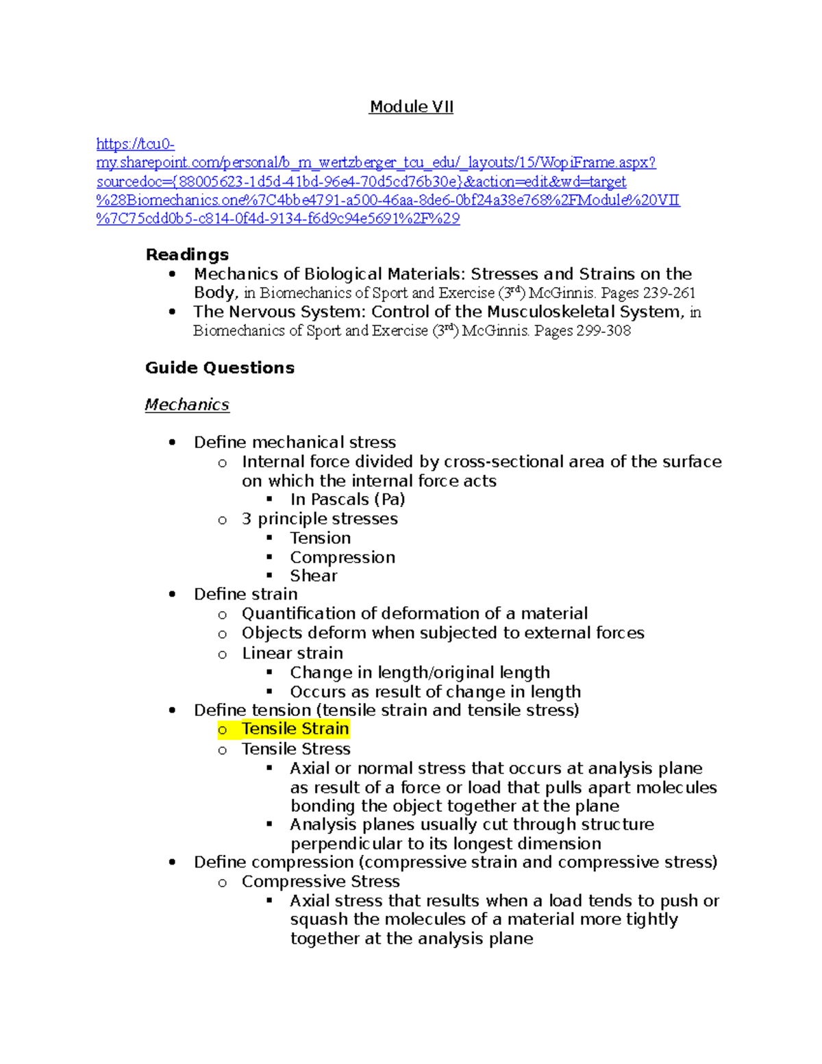 2020-Biomechanics-Reading Guide Module VII Biological Material Nervous ...