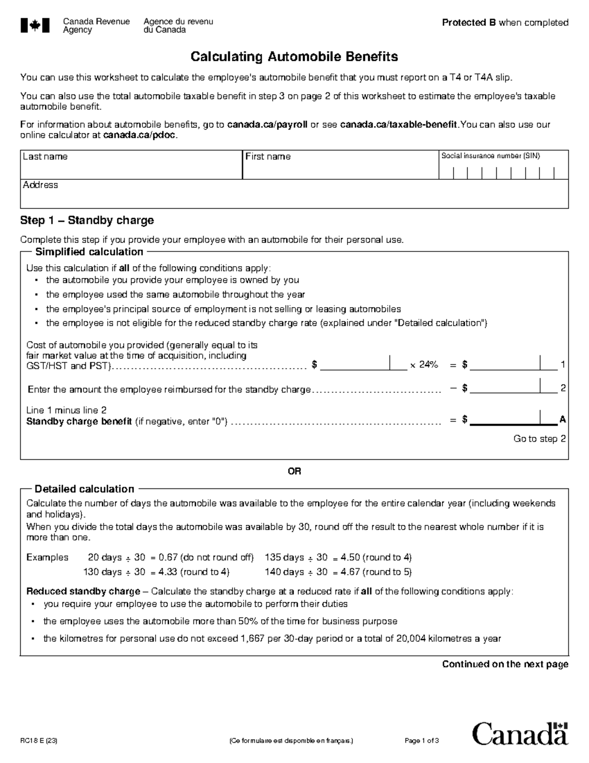 Rc18-23e - form - Protected B when completed Calculating Automobile ...