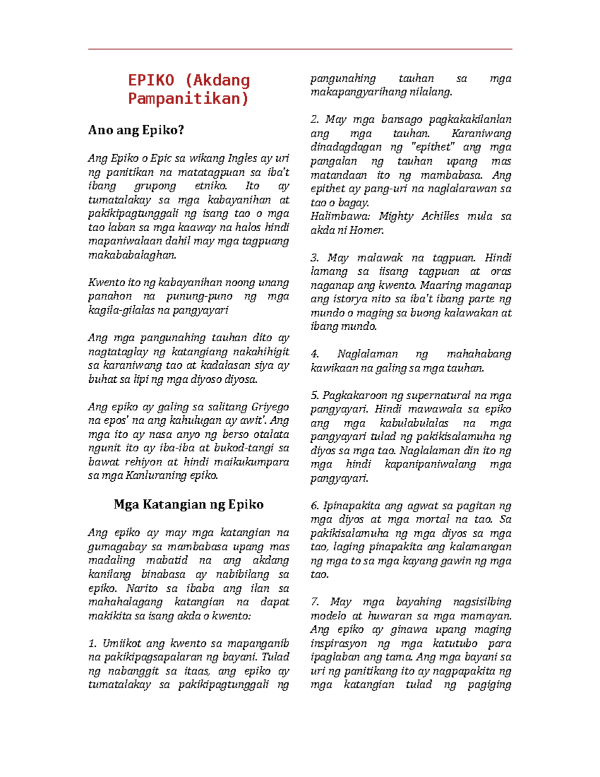 Panitikan Reviewer - EPIKO (Akdang Pampanitikan) Ano ang Epiko? Ang ...