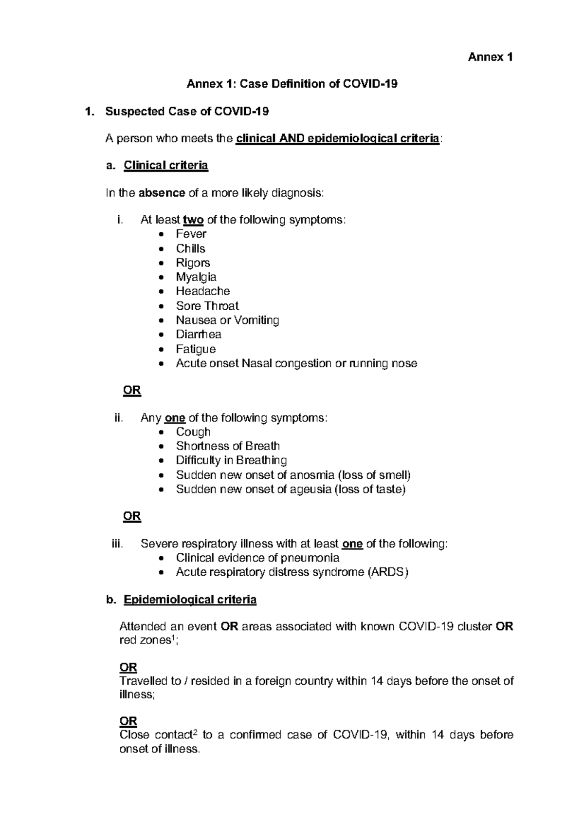 Annex 1 Case definition Covid-19 28092020 - Annex 1 Annex 1: Case ...
