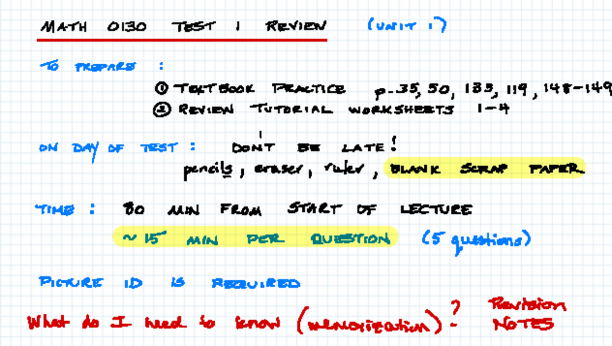 Math 0130 Test 1 Review Script 1 - MATH OBO TESTI REVIEN (UN1 + 1) TO ...