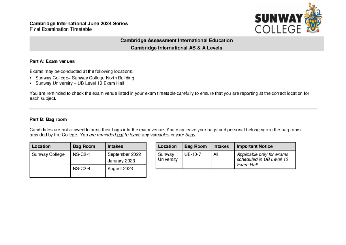 Final Examination Timetable- Cambridge June 2024 Series 2 - Cambridge ...
