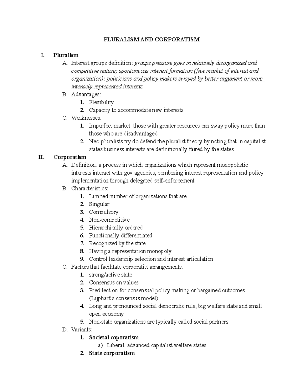 E Pluralism and Corporatism - PLURALISM AND CORPORATISM I. Pluralism A ...