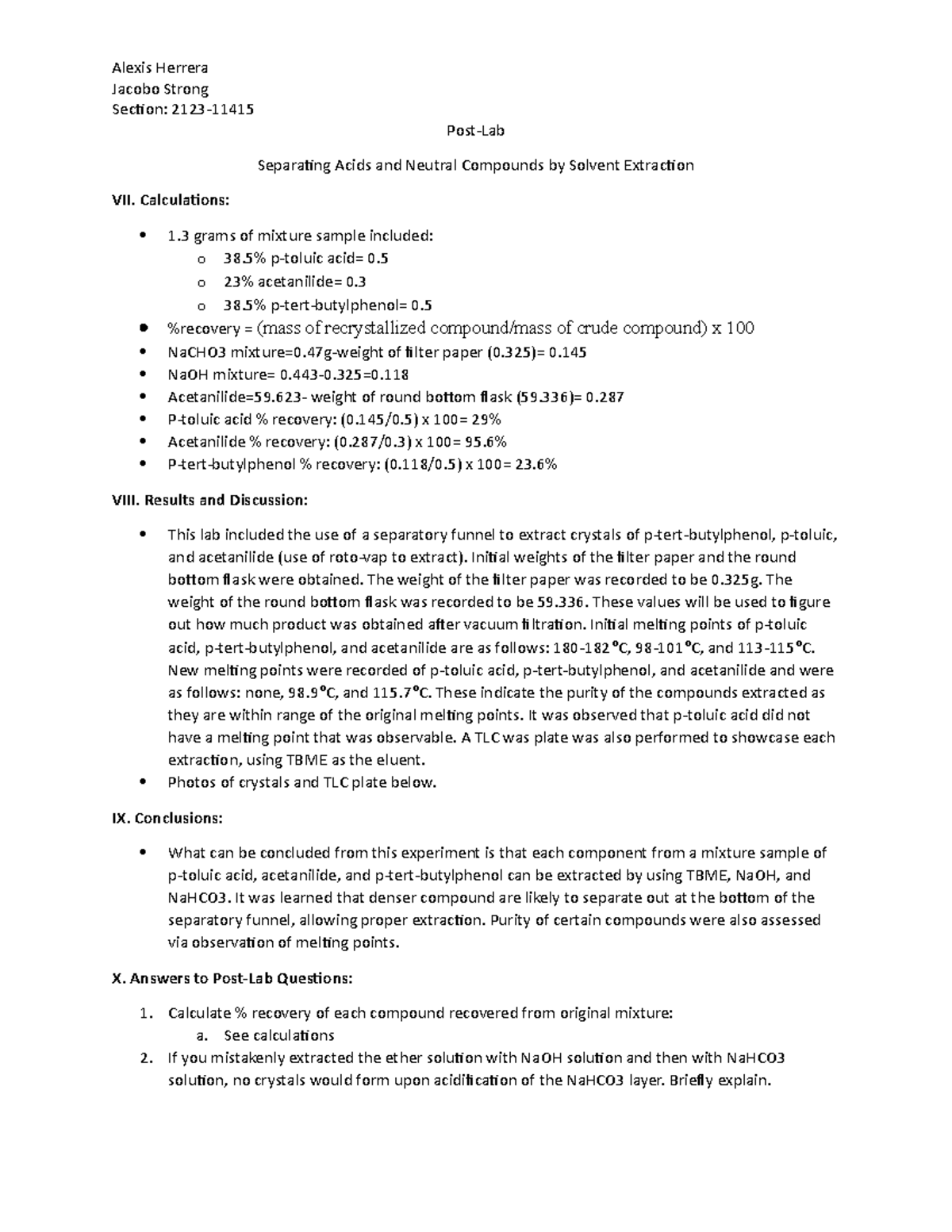 Post-lab 5 - Organic 1 Lab work - Jacobo Strong Section: 2123- Post-Lab ...